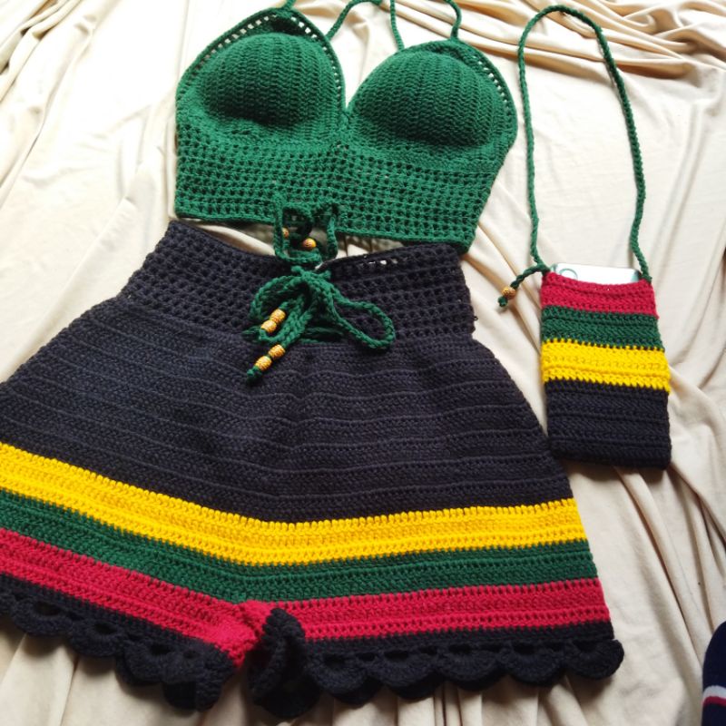 African Shades Reggae Theme Handmade Crochet Terno with cp pouch sling ...