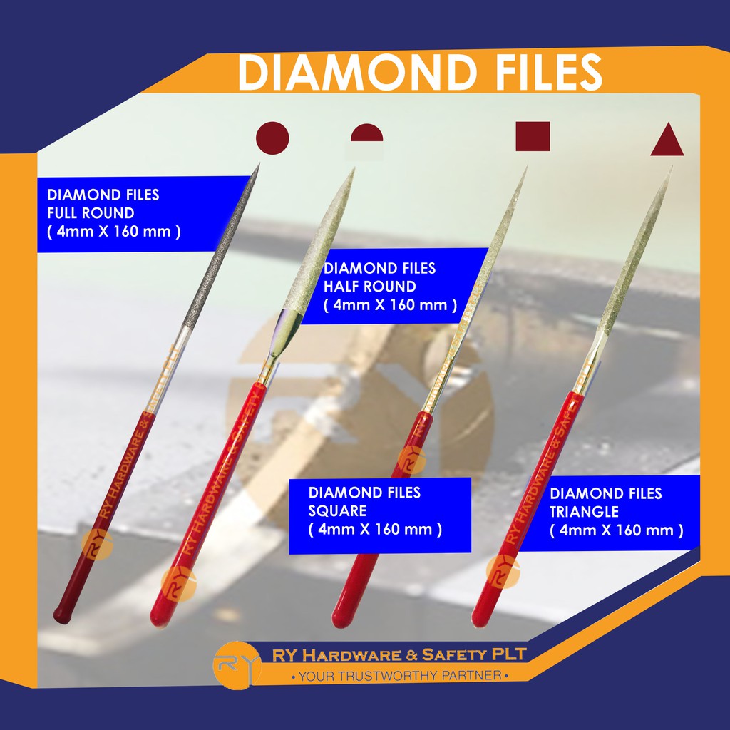 DIAMOND FILES 4mm X 160 mm FULL ROUND, HALF ROUND,SQUARE & TRIANGLE ...