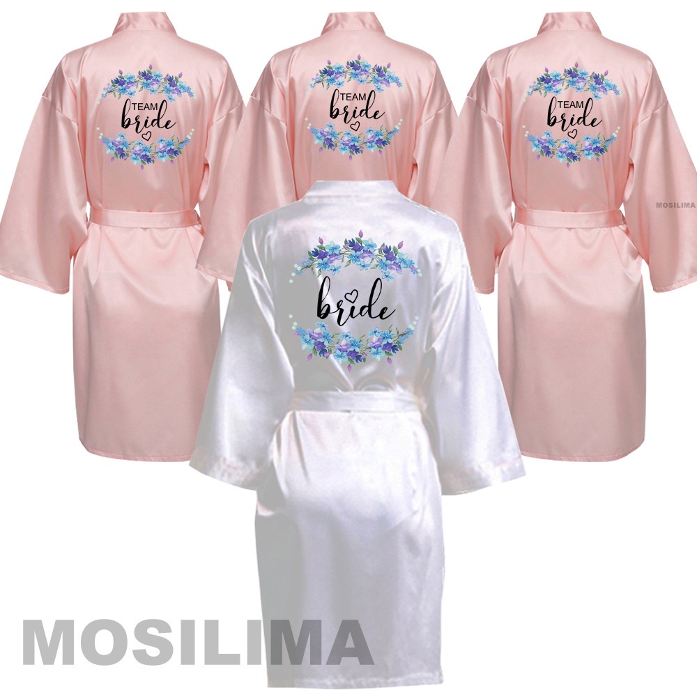 Wedding Party Team Bride Robe With Black Letters Kimono Satin Pajamas ...