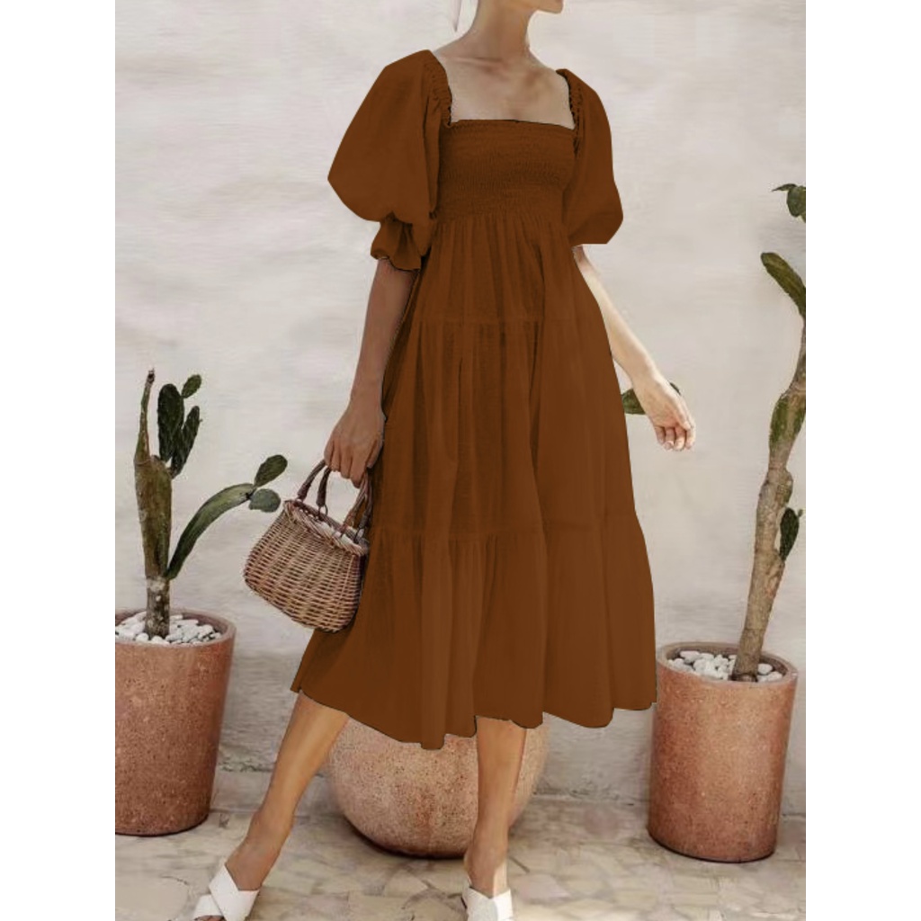 Miss M Big Sleeve Self Belt Shirred Upper Babydoll Smock Dress Y608 ...