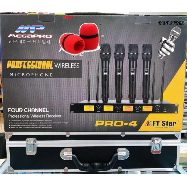 PRO-4 Channel Wireless Microphone w/foam Wireless Microphone System 4Channel UHF Cordless Mic ...