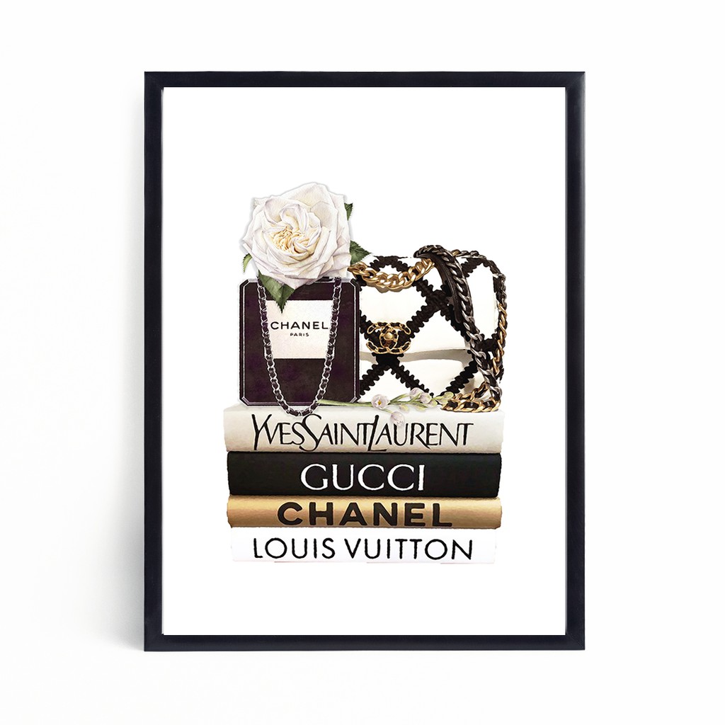 Fashion wall art decor - Fashion Book stack with perfume and bag ...