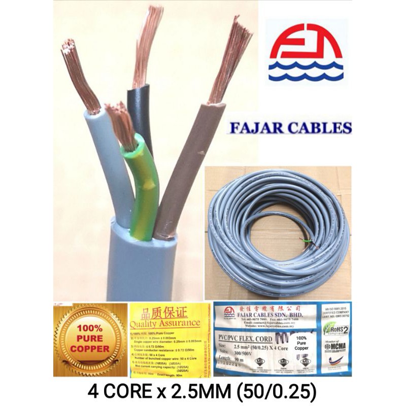 FAJAR 4 CORE x 2.5MM WIRE 100% COPPER ( PRICE PER METER | Shopee ...