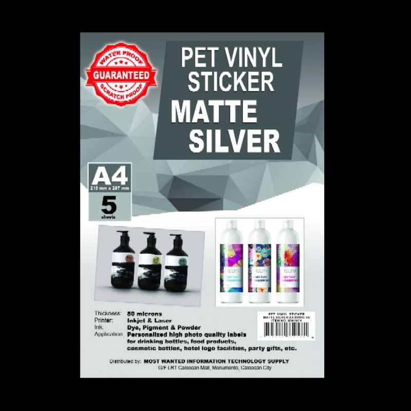 Matte Silver PET Vinyl Printable Sticker - Waterproof /A4 / per pack ...