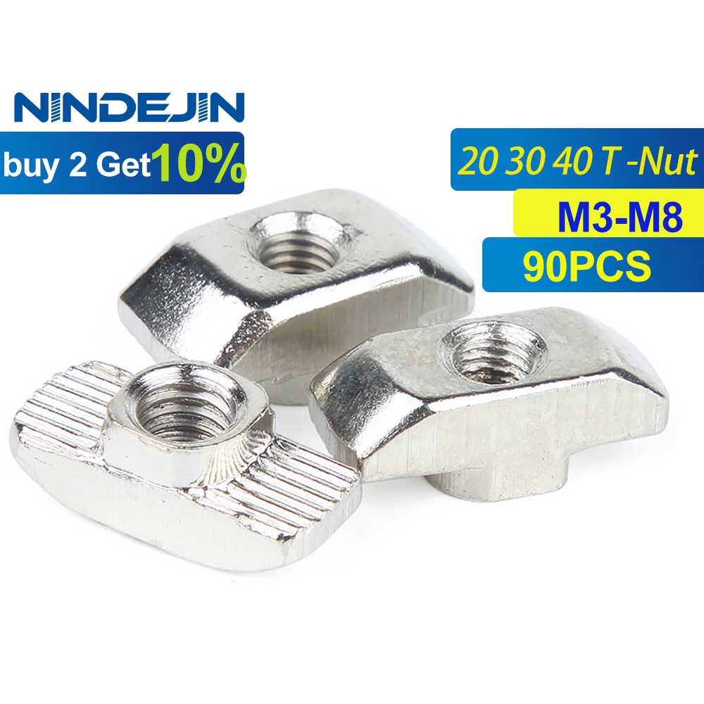 NINDEJIN 90Pcs M3 M4 M5 M6 M8 T Nut Hammer Head Sliding Carbon Steel Slot Fasteners 2020 3030 ...