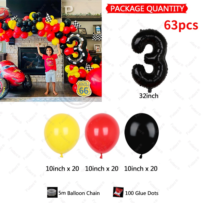 63pcs Disney Racing Cars Theme Birthday Party Decors Age 1-9 Red Yellow Black Latex Balloon Air ...