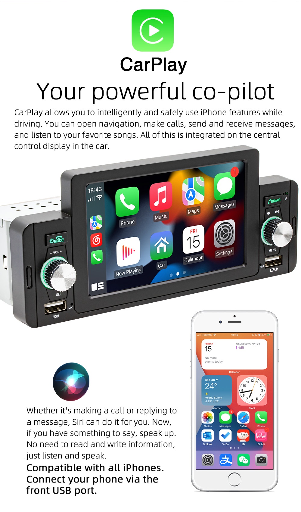 Local Delivery ESSGOO Single 1 Din 5" Car Player Bluetooth Multimedia MP5 Player With Carplay ...