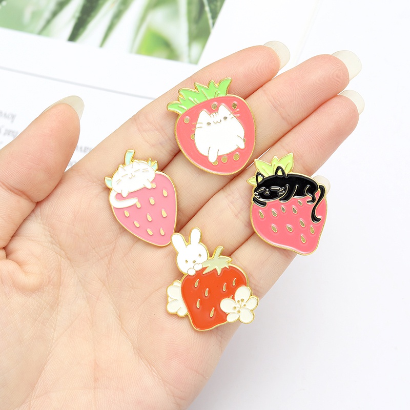 New Strawberry Cat Enamel Pins Cat Bunny Fruit Cake Brooch Badges Lapel ...
