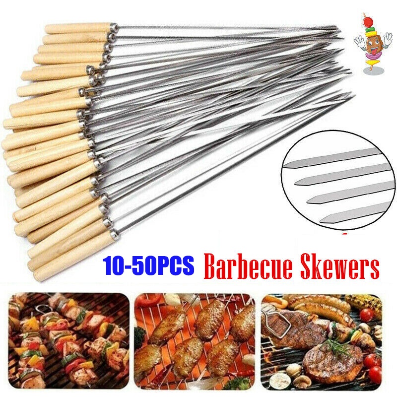 10-50PCS BBQ Skewers Wooden Handle Kebab Barbecue 35cm Needle Stainless ...