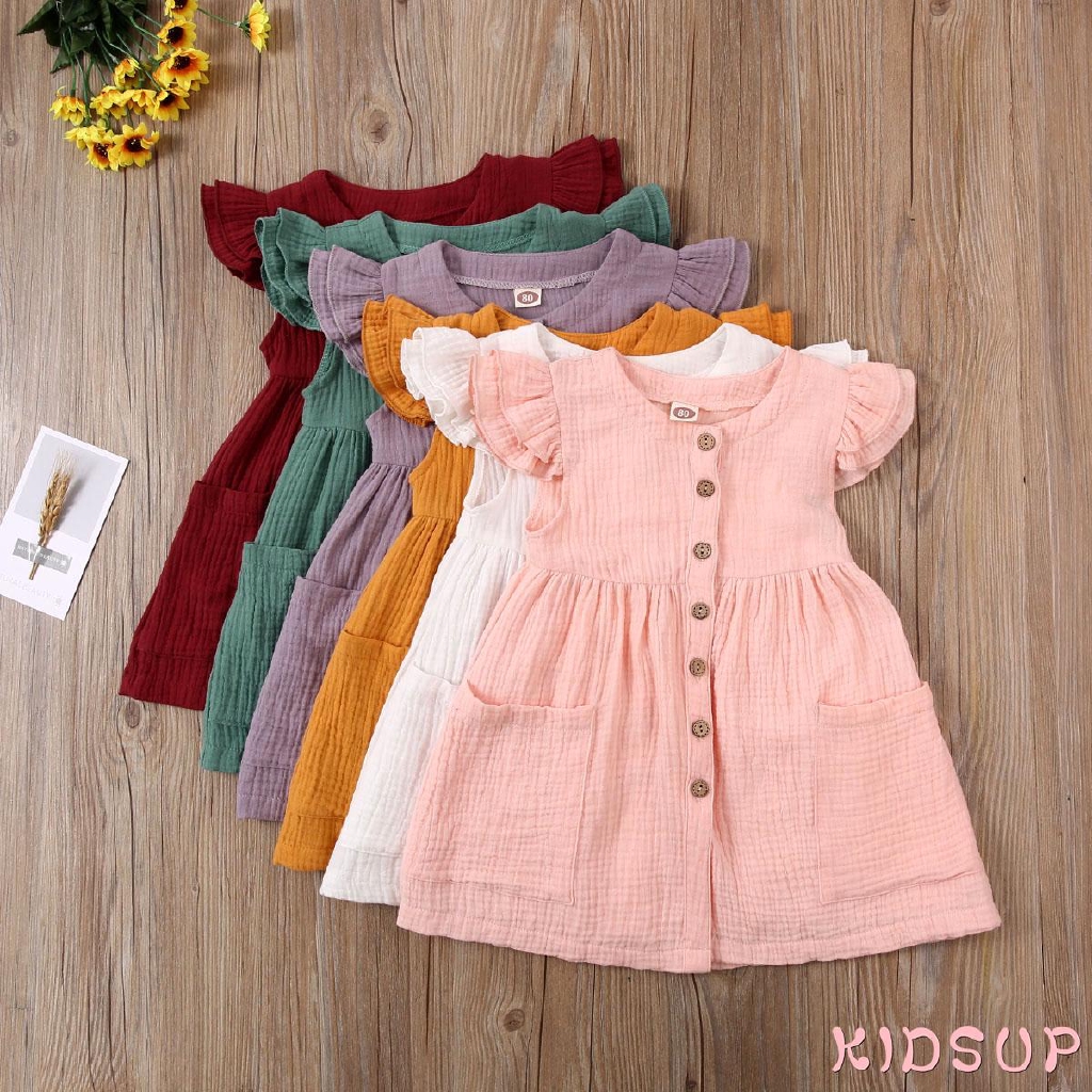 KIDSUP-Kid Girls Fly Sleeve Round Neck Solid Color Dress Summer Fashion ...