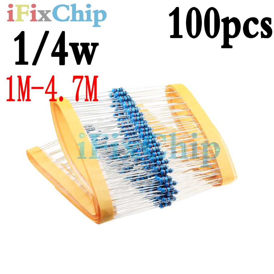 100pcs 1/4W Metal film resistor 1% 1M-4M7 1M2 1M5 1M8 2M 2M2 2M7 3M 3M3 ...