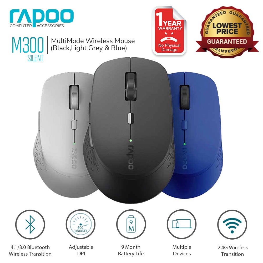 Rapoo M300 Silent Wireless Bluetooth Mouse for Laptop 1600DPI 2.4G High ...