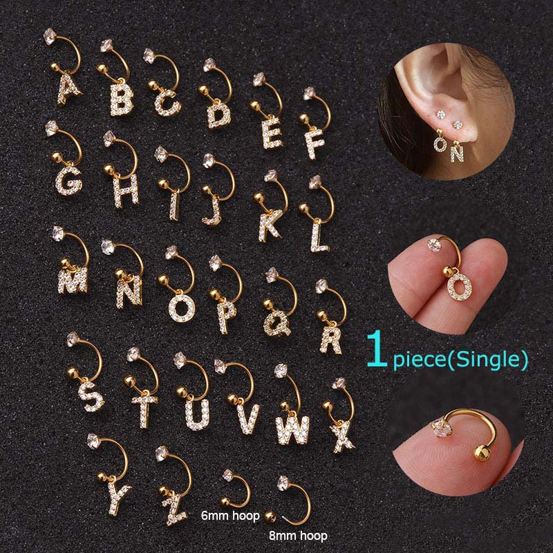 1Piece Gold Letter A-T Dangle C-shape Steel Barbell Ear Tragus ...