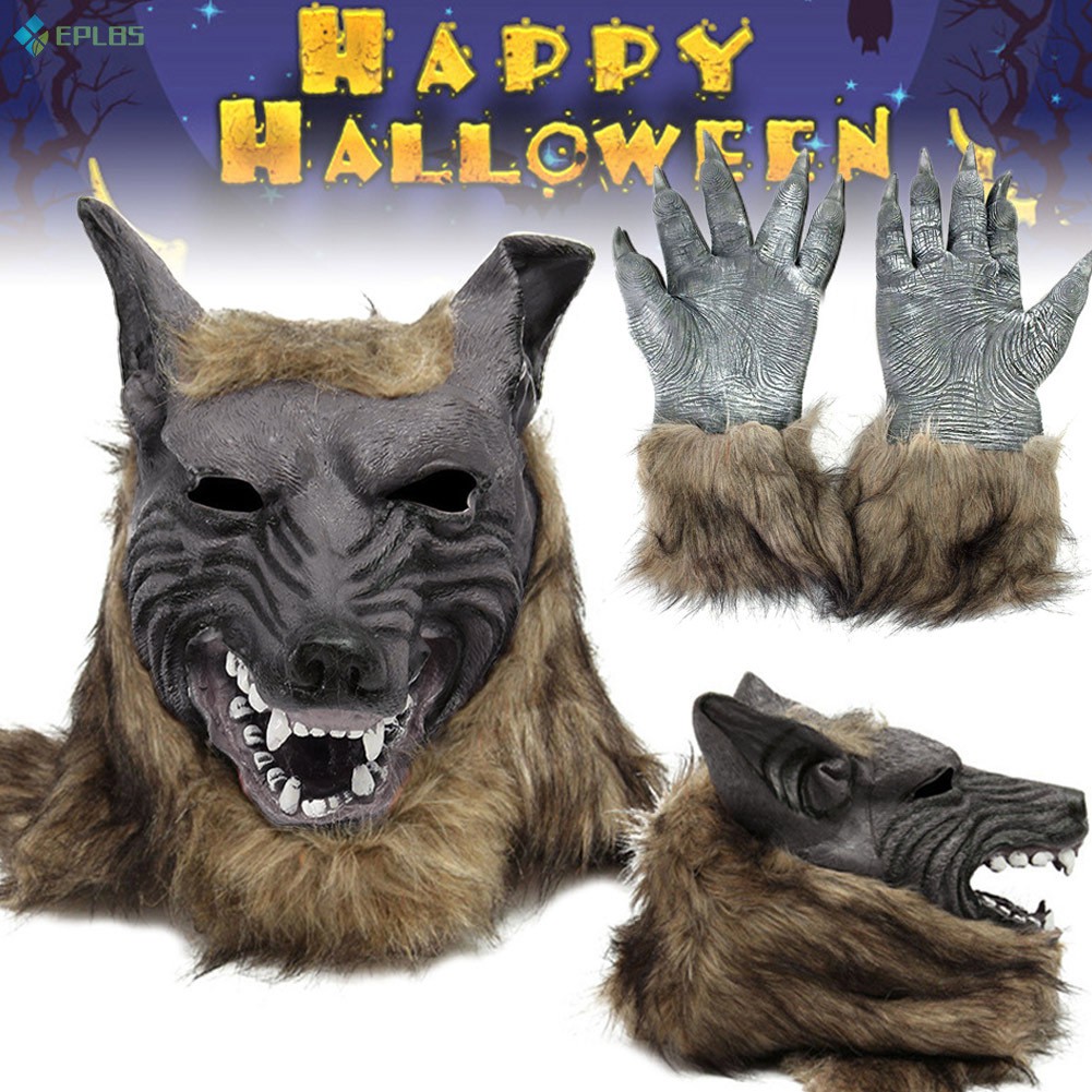 COD% Halloween Latex Rubber Wolf Head Hair Mask Werewolf Gloves Costume ...