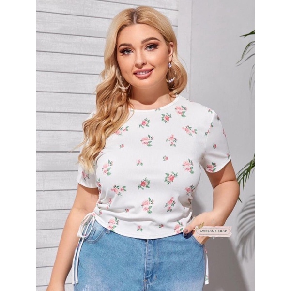 Awesome PLUS SIZE Floral Drawstring Side Tee Crop top 31106# | Shopee ...