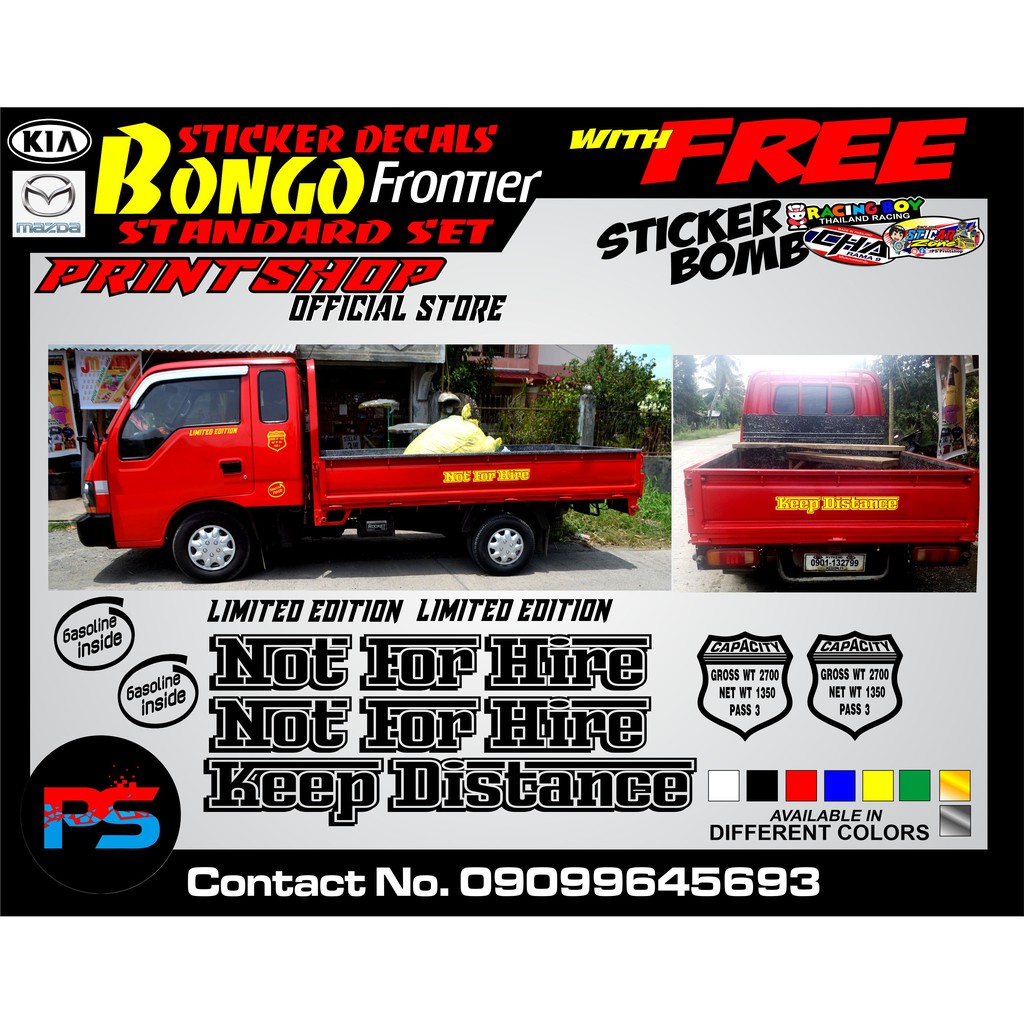 Bongo kia Standard marking Sticker Decals Set (CAPACITY, NOT FOR HIRE ...