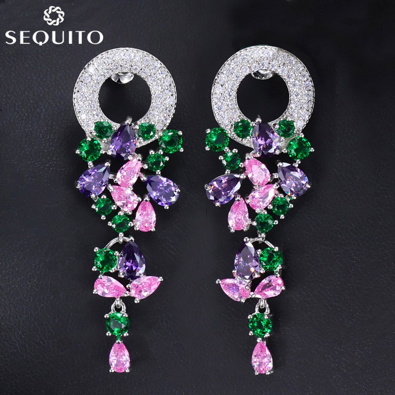 SEQUITO Gorgeous Bridal Long Dangle Earrings Beautiful Multicolor CZ ...