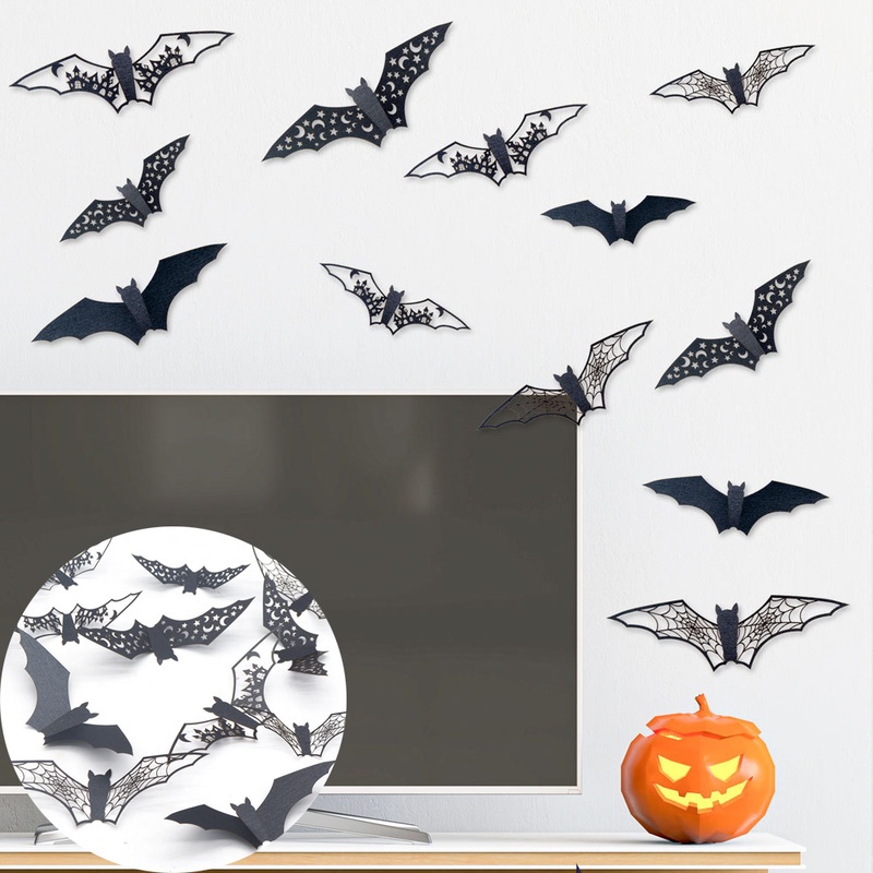12Pcs Halloween 3D Hollow Bat Wall Stickers / Black Bats Sticker Room ...