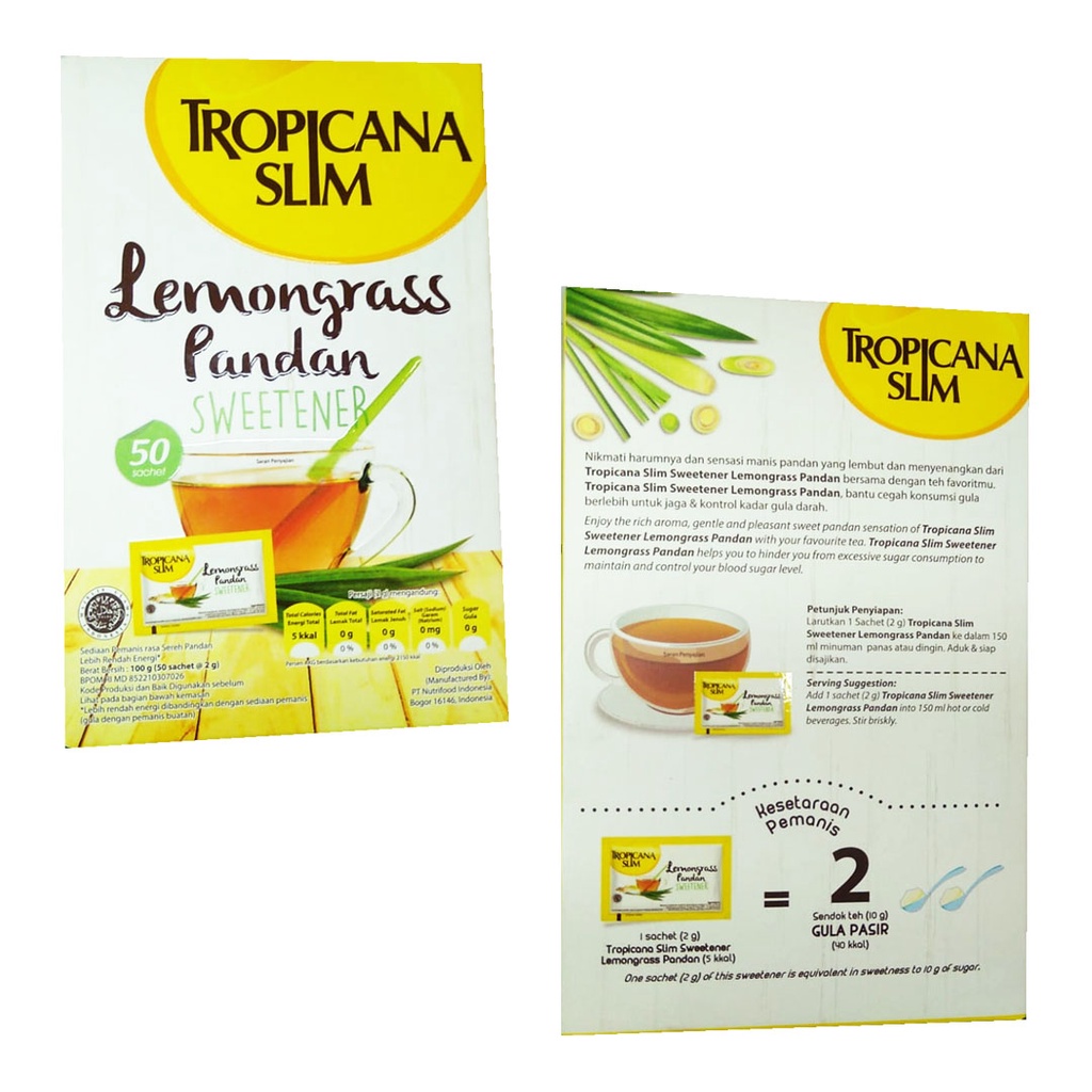 Tropicana SLIM LEMONGRASS PANDAN SWEETENER 50 SACHETS | Shopee Philippines