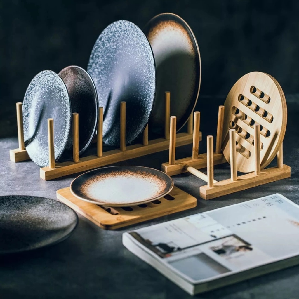 Wooden Dish Rack Kitchen Organizer Tray Plate Drying Shelf Wooden Book ...