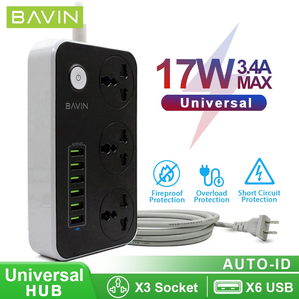 BAVIN SC3604 Universal Charger HUB Multi-Switch Sockets Outlet w/ 3 Power Socket & 6 USB Ports ...