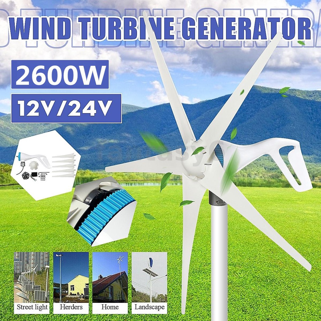 2600W Peak 12V/24V Wind Turbine Generator 5 Blade Windmill Power Charge ...