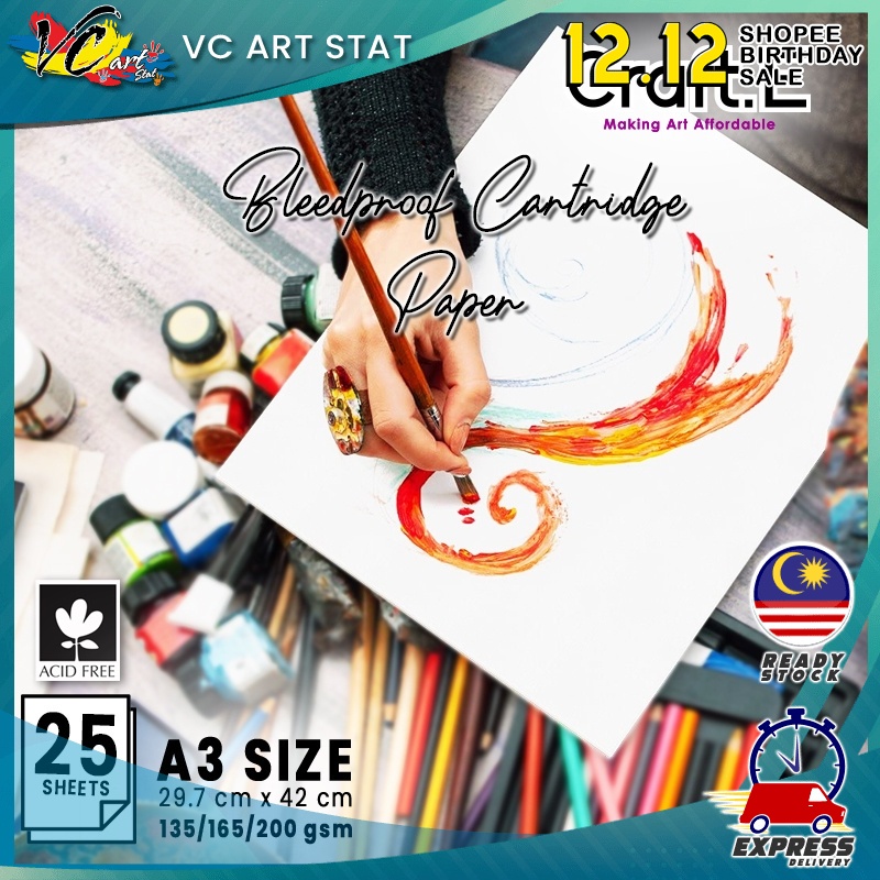 Craft.E A3 Size Bleedproof Cartridge Paper 135/165/200 gsm 25 sheets ...