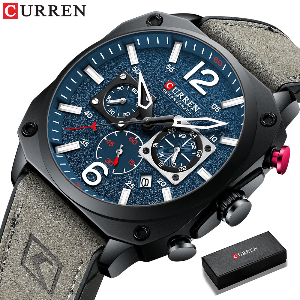 Curren Men's Watches Fashion Quartz Sporty Chronograph Leather Luminous ...