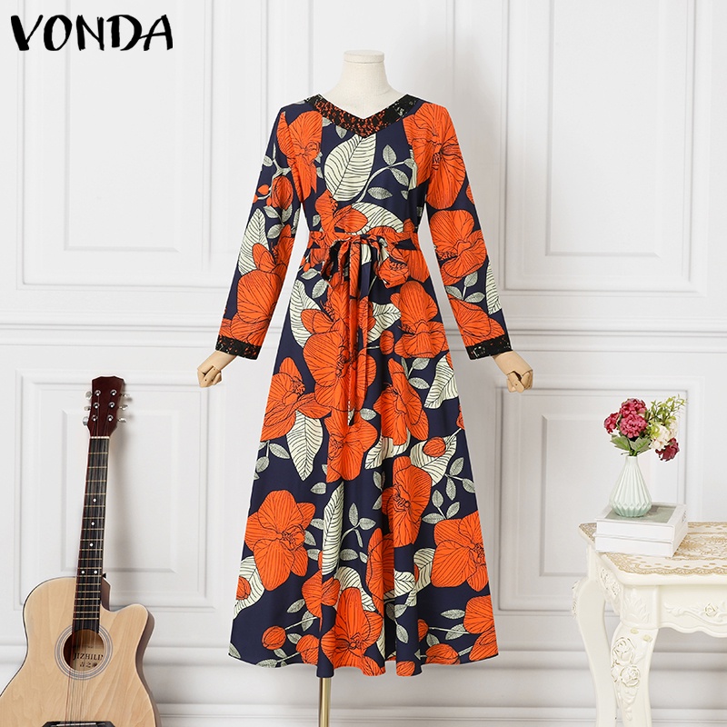 Vonda Women Vintage V Neck Long Sleeve Floral Printed Baggy Belted ...
