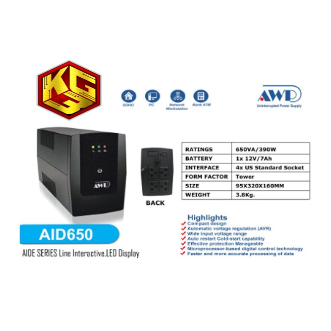 AWP AID650 Aide 360W-650VA UPS with AVR Uninterruptible Power Supply (4 ...