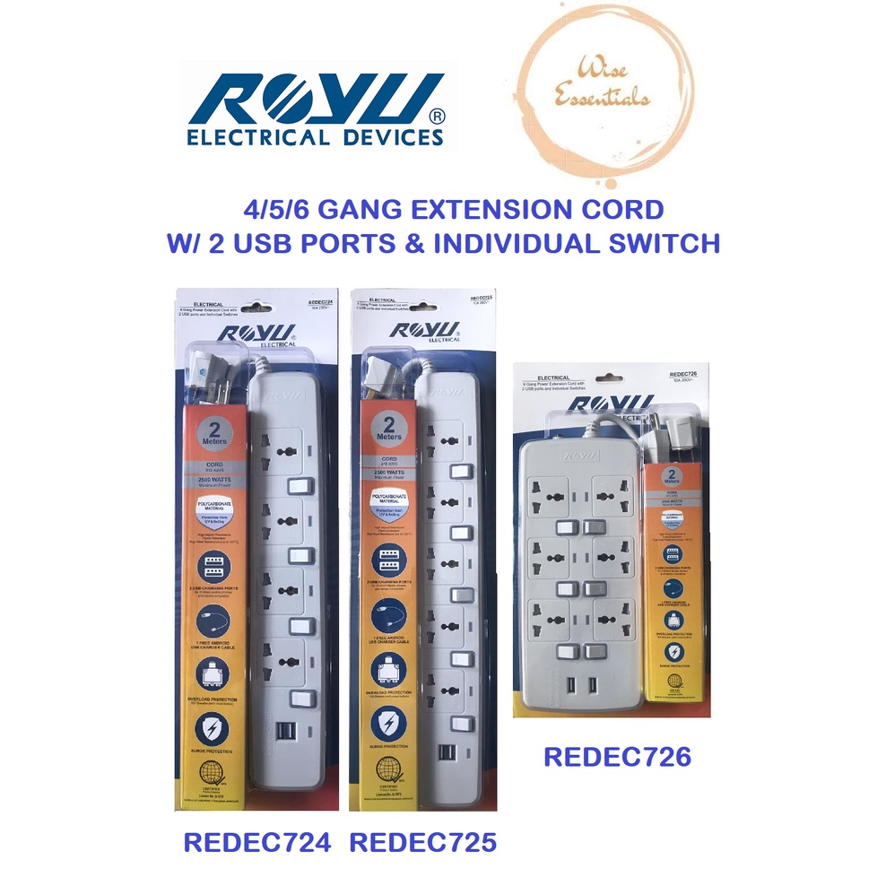 ROYU 4, 5, 6 Gang Extension Cord with 2 USB Ports and Individual Switch ...