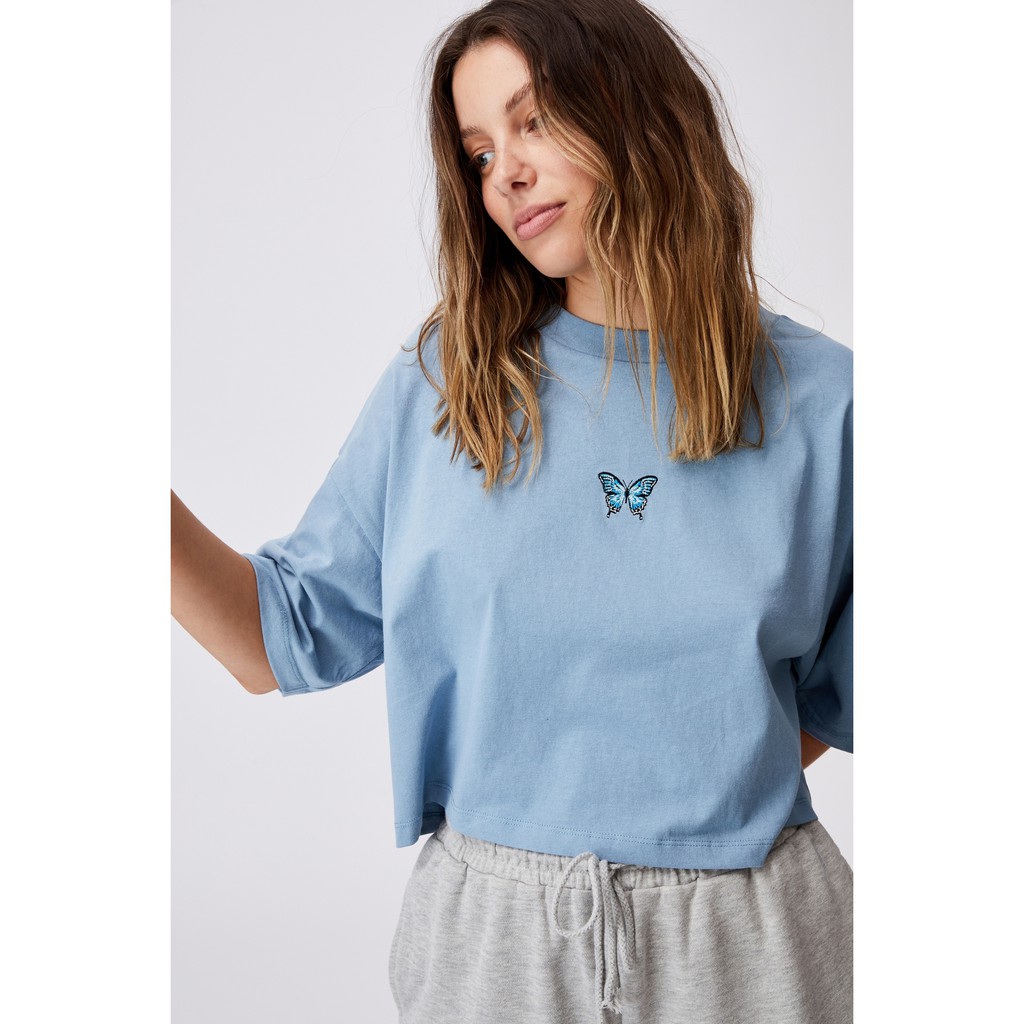 Butterfly Embroidered Patch Chopped Oversize Boyfriend Tee Croptop ...
