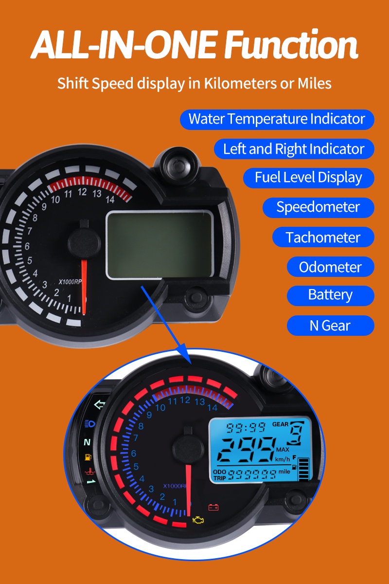 7-Color LED Motorcycle RX2N ATV Digital Speedometer 15000 RPM Meter LCD ...