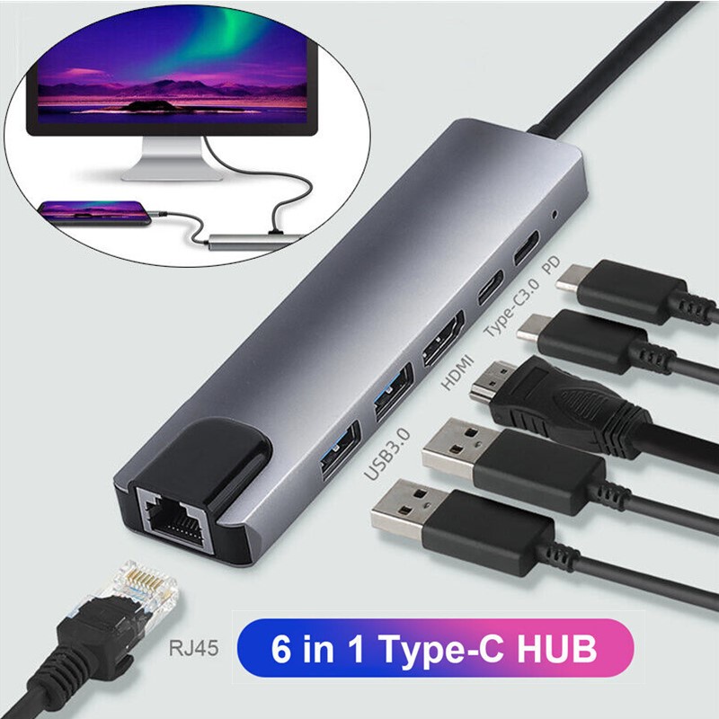 6 in 1 Multiport USB-C Hub Type C HD Output 4K HDMI RJ45 USB 3.0 ...