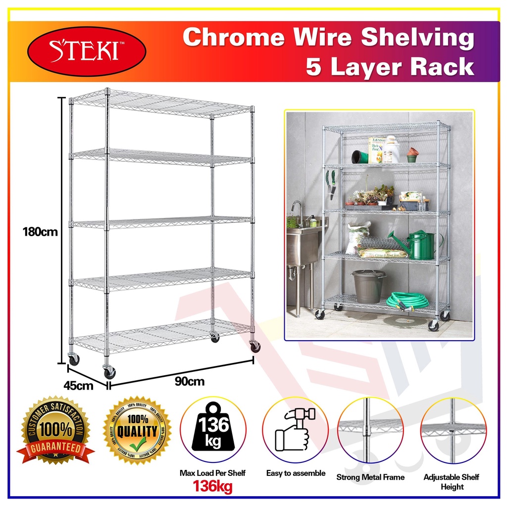 STEKI™ 5 Layer Shelves Chrome Plated Wire Shelving/Rack with Wheels ...
