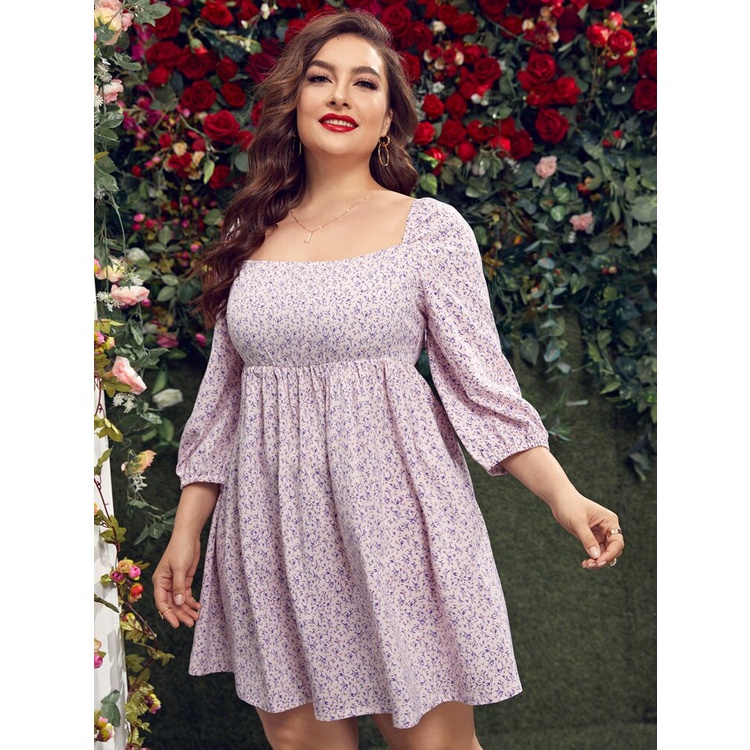 Simplee Square Neckline 3/4 Sleeve Plus Size Babydoll Smock Dress A2715 | Shopee Philippines