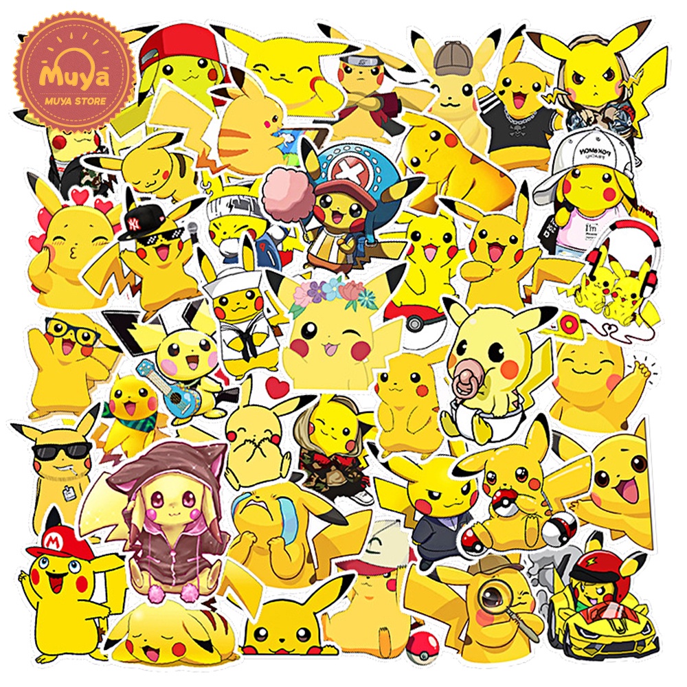 MUYA 50pcs Japanese Anime Pikachu Stickers Waterproof Cartoon Yellow ...