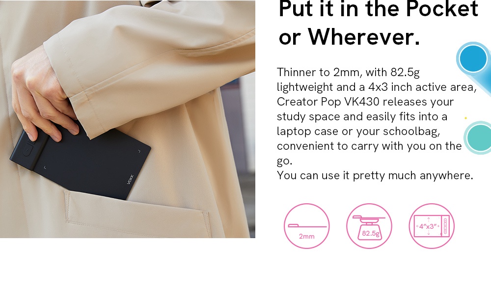 VEIKK Drawing Tablet VK430 Battery Free 4x3inch Graphic Pen Tablet ...