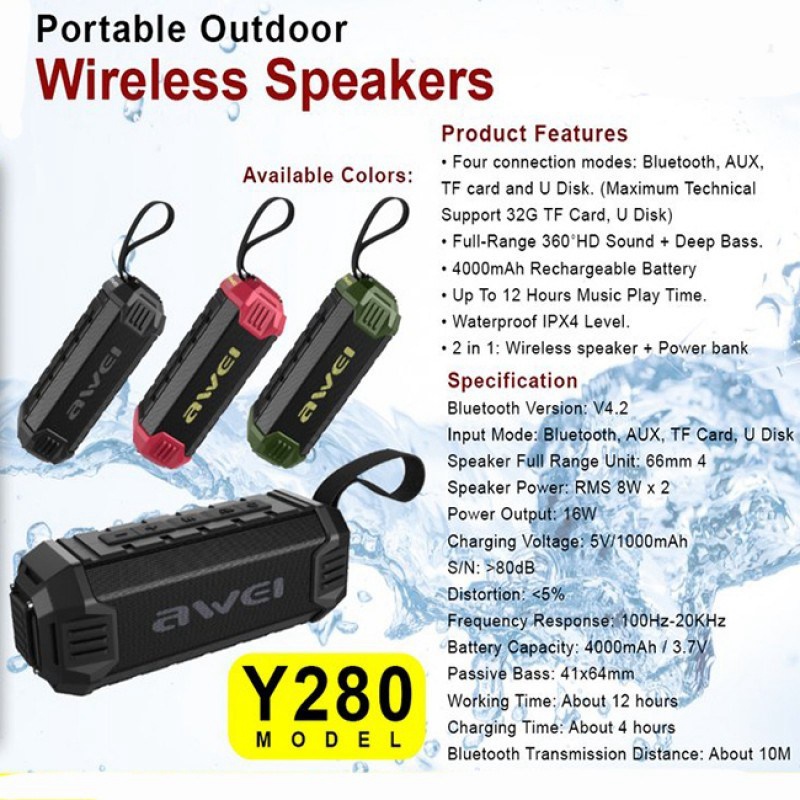 Awei Y280 Portable Wireless Bluetooth Bass Ipx4 Waterproof Speaker With Mic | Shopee Philippines