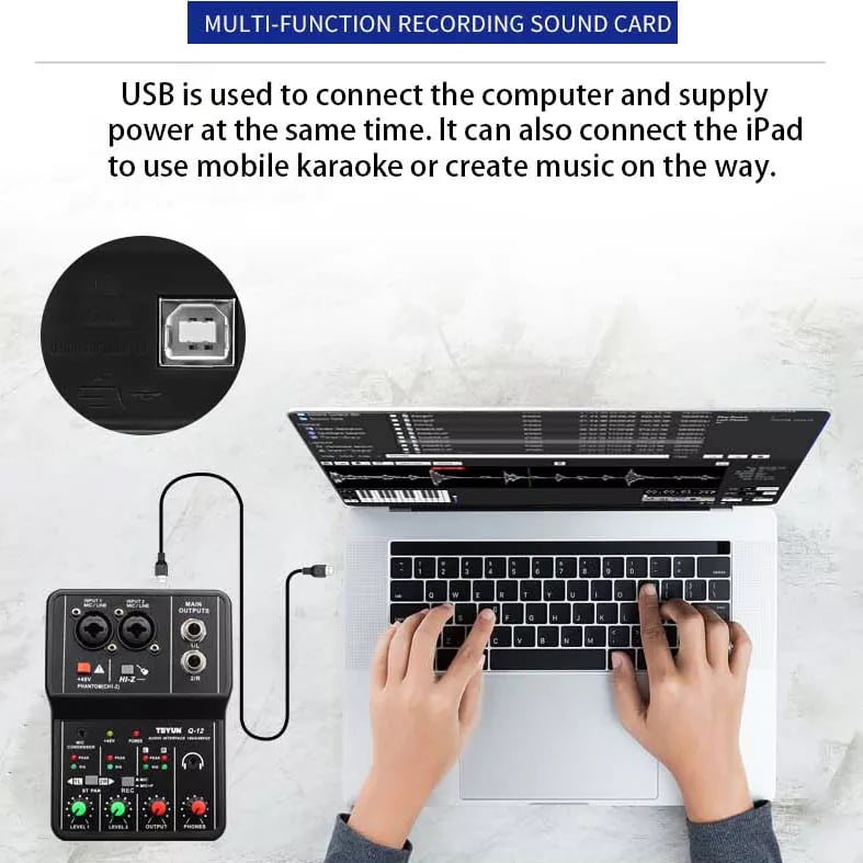 TEYUN Q-12 V2.0 Audio Interface 16bit/48khz Sound Card 48V Phantom ...