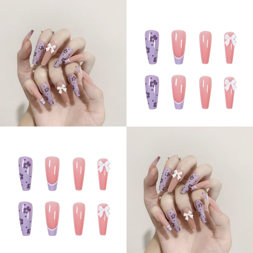 French Style Taro Purple Floret Wear Manicure Finished Fake Nail ...