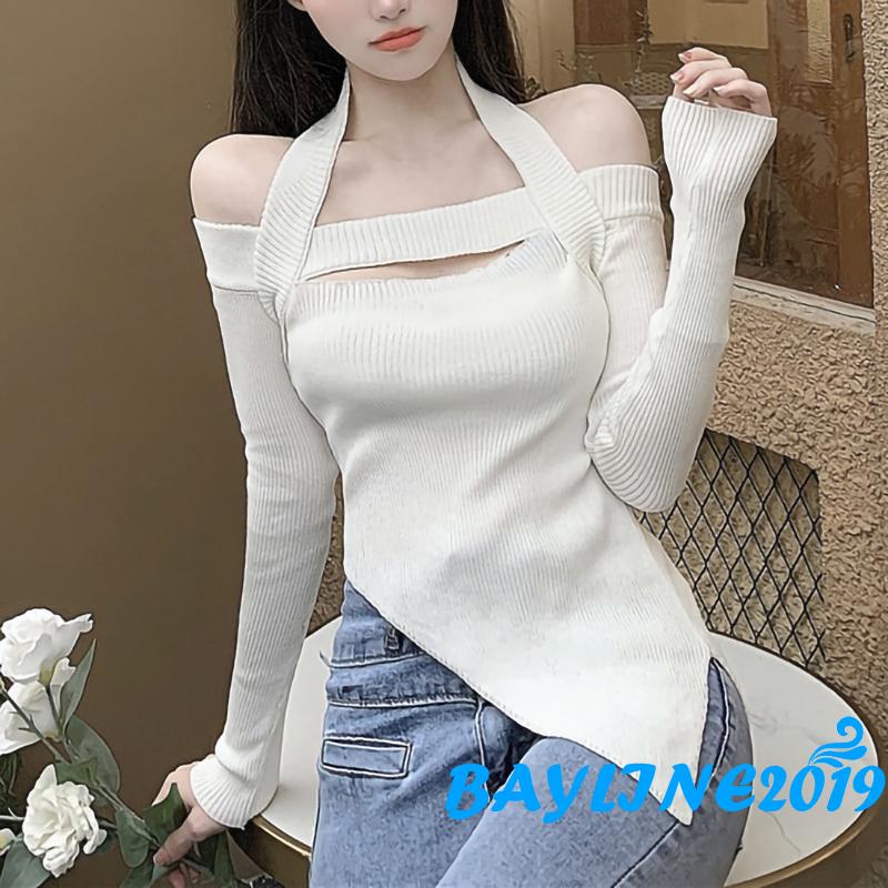 BAY-Women Off Shoulder Halter Sweater, Adults Asymmetric Solid Color Long Sleeve Knitwear ...
