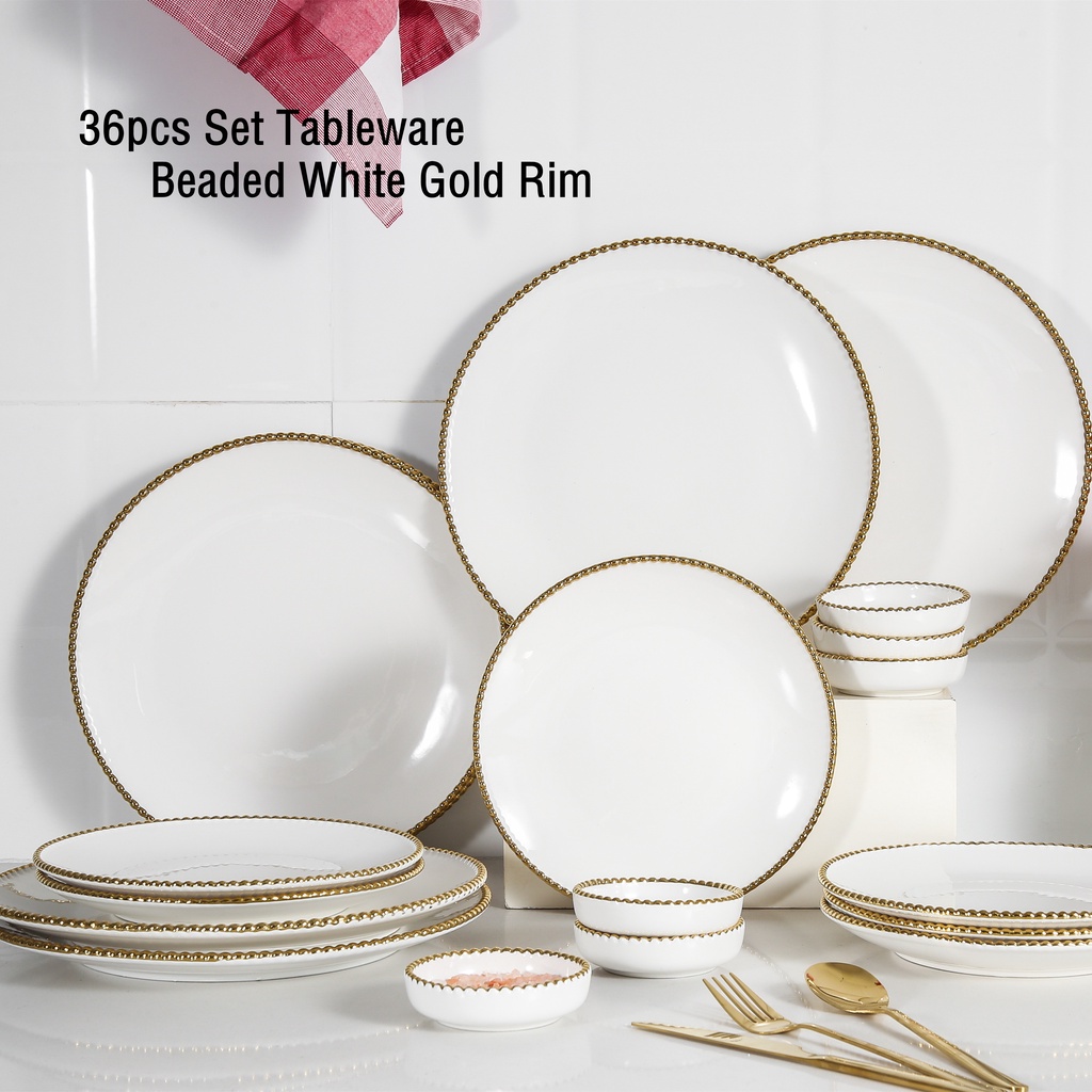36pcs Set Nordic Ceramic Tabletware Beaded White Gold Rim Dinner Plate ...