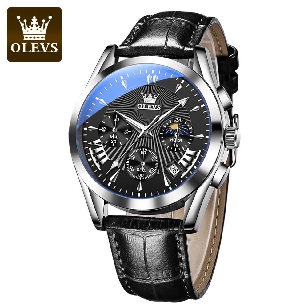 Olevs Watch For Men Original Water Proof Watches Leather Black Blue ...