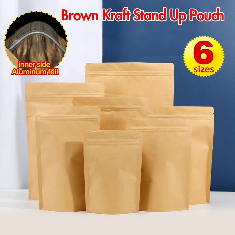100pcs Makapal Full Brown Kraft Stand Up Pouch Resealable Plastic Paper ...