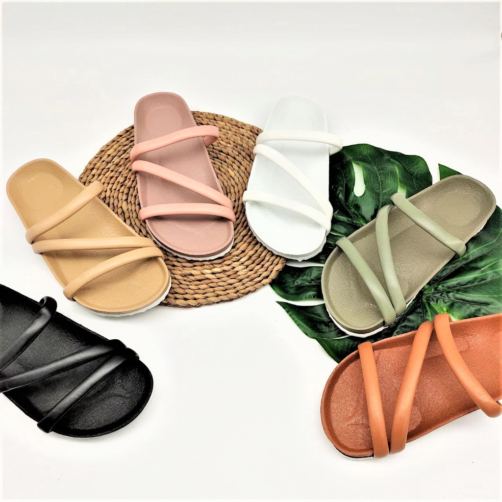 R&A604 Flat Round Toe with Triple Strap Pastel Colored Footbed Eva ...