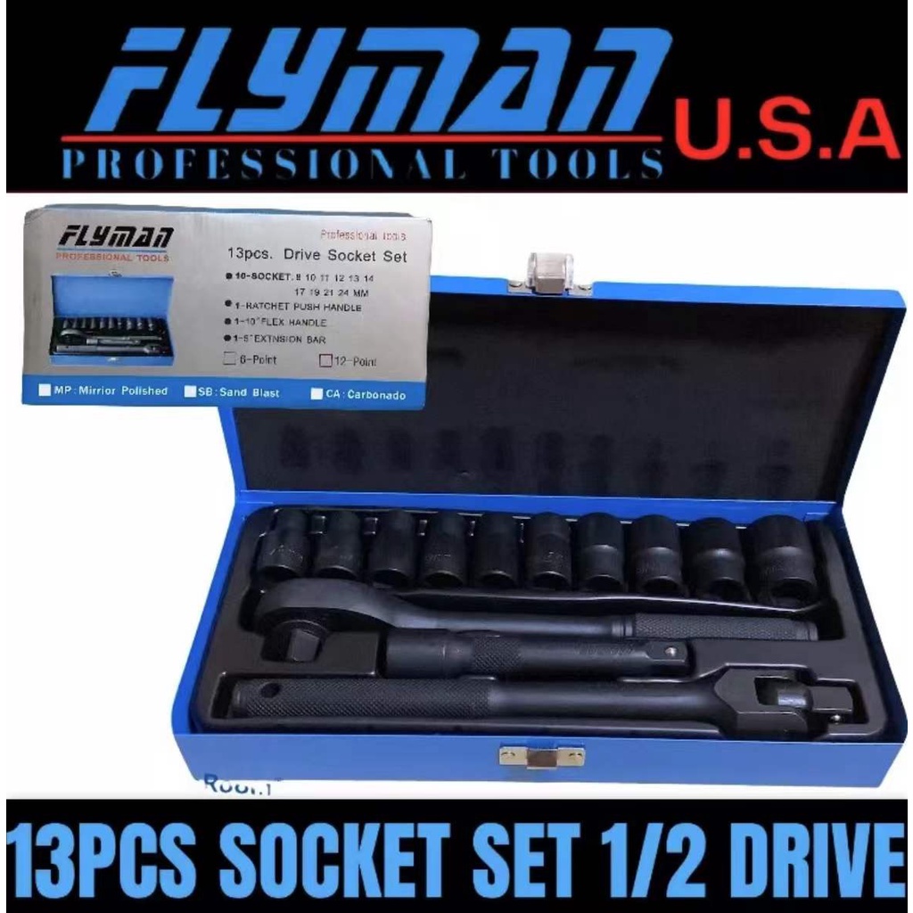 Flyman 13pcs. 1/2" Drive Socket Wrench Set (6 Point) | Shopee Philippines