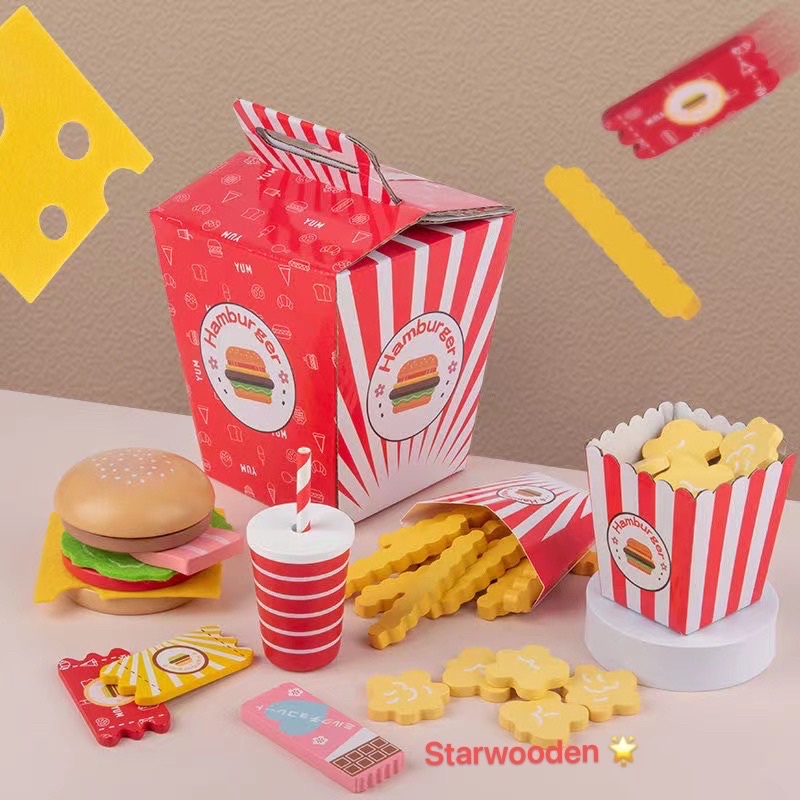Wooden Fast Food Set Burger Soda Fries Cutting Pretend Play | Shopee ...