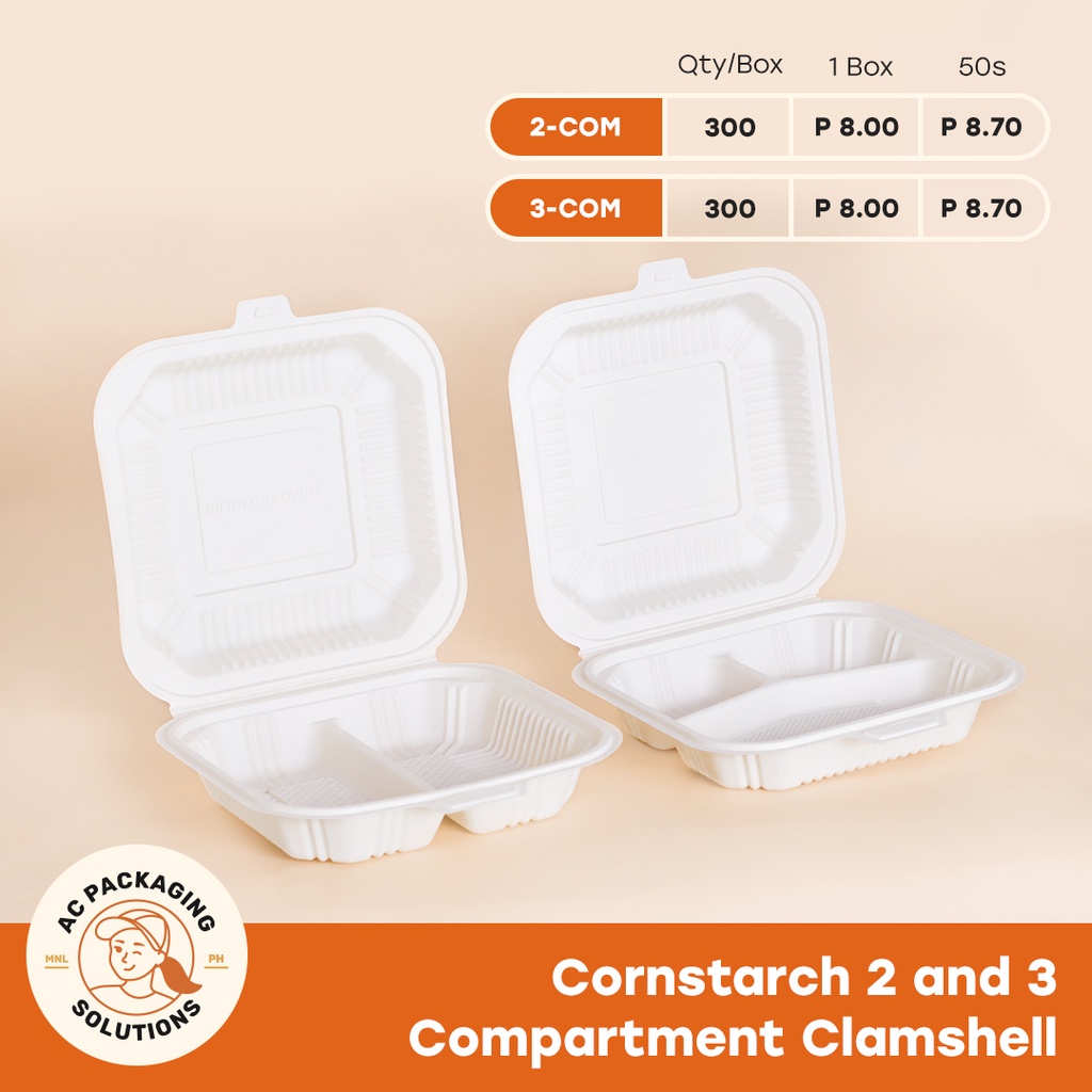 (50 PCS) Cornstarch Clamshell - Biodegradable (Available in 2, 3, and 4 ...