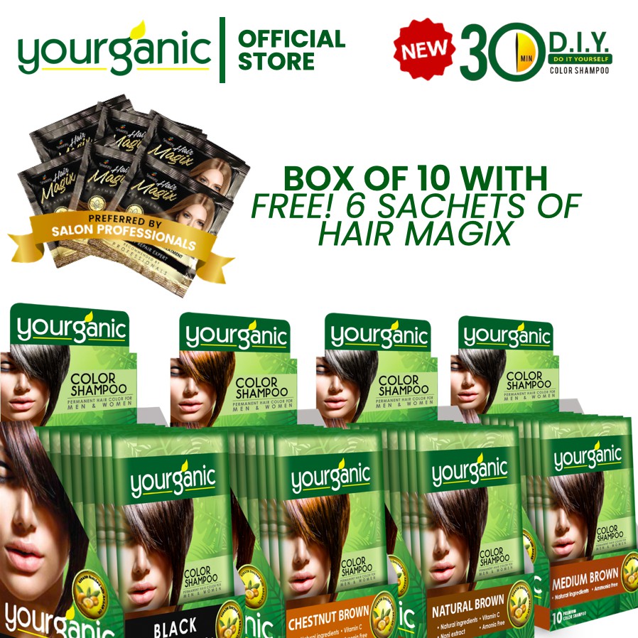 Yourganic Color 30 Minute Hair Dye Shampoo Box of 10 (WITH FREE 6 HAIR ...